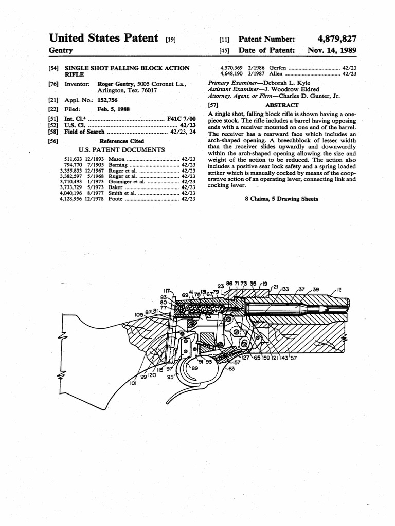 US4879827 Single Shot Falling Block Action Rifle | PDF | Trigger ...