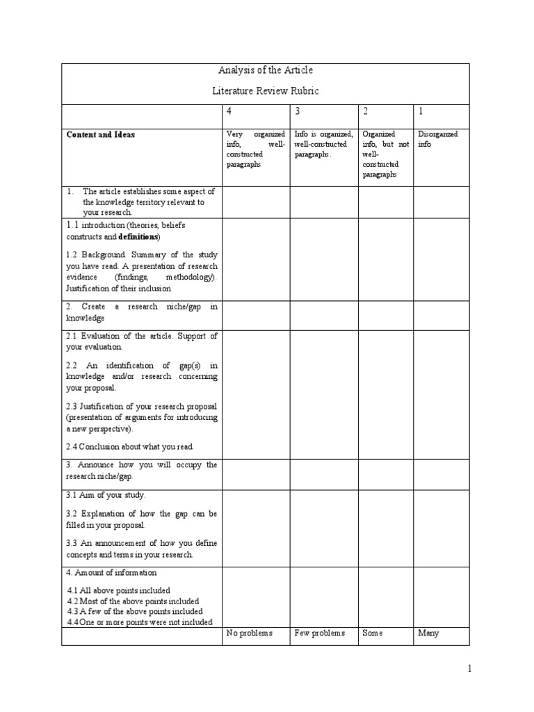 Analysis of The Article Literature Review Rubric 4 3 2 1: Content and ...