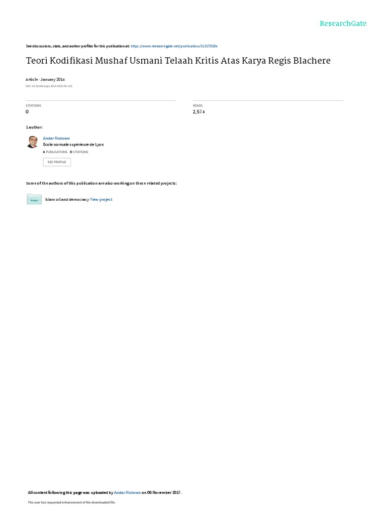 Critical Analysis of Régis Blachère's Theories on Codification of the Uthmanic Manuscript | PDF ...