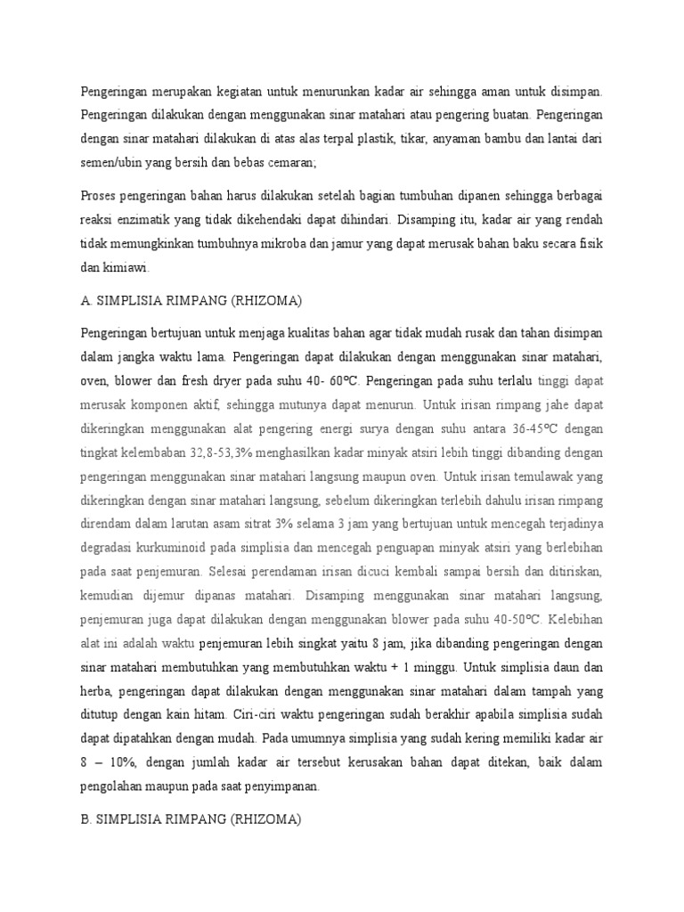 Teknik Pengeringan Simplisia Herbal | PDF