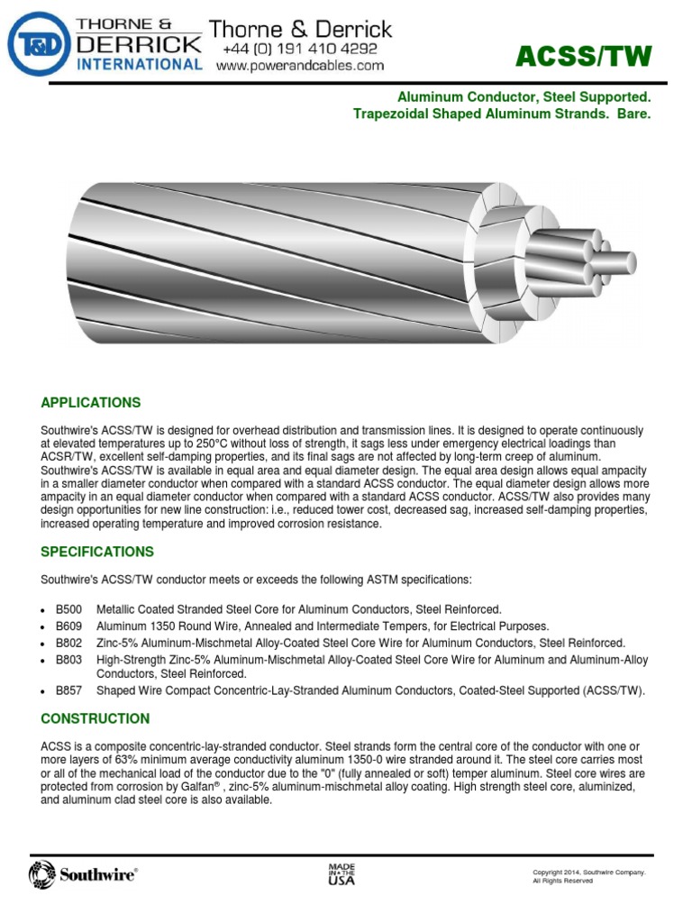 Acss/Tw: Aluminum Conductor, Steel Supported. Trapezoidal Shaped Aluminum Strands. Bare | PDF ...