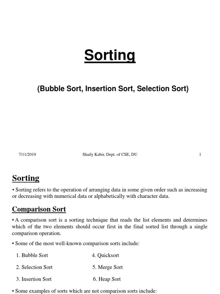 Lec-3 Sorting (Bubble, Insertion, Selection) | PDF | Algorithms | Mathematical Concepts