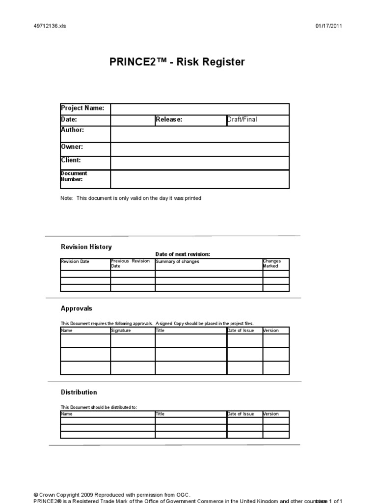 PRINCE2™ - Risk Register: Project Name: Date: Release: Author: Owner ...