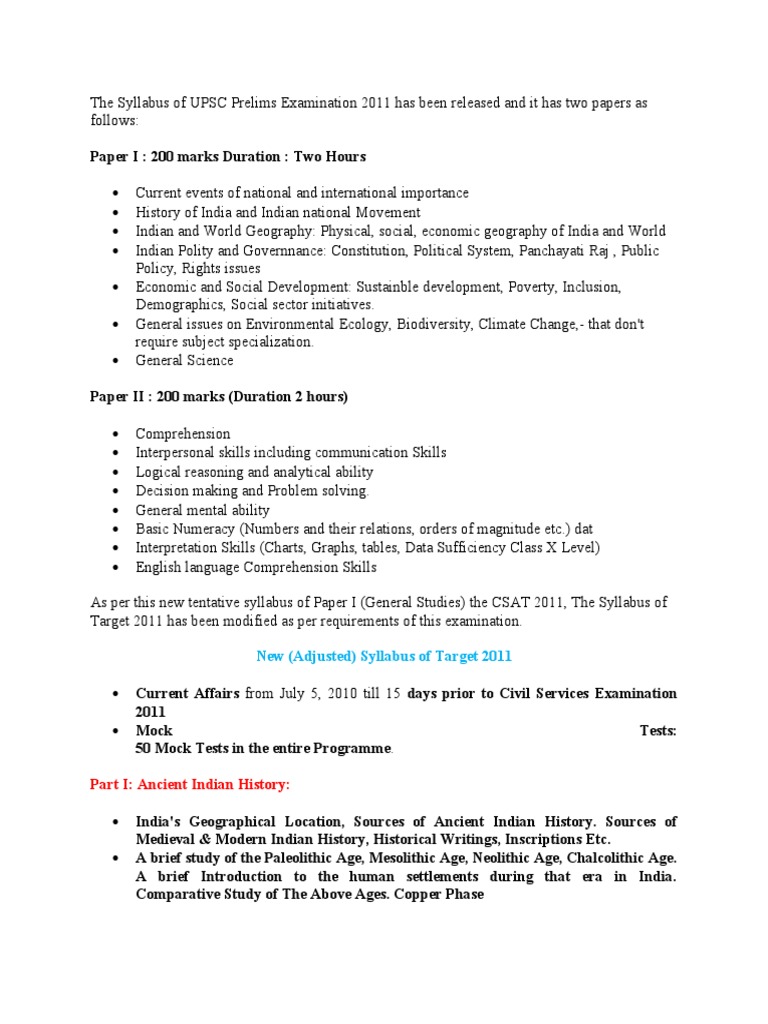 UPSC Prelims 2011 Syllabus Overview | PDF | Government Of India