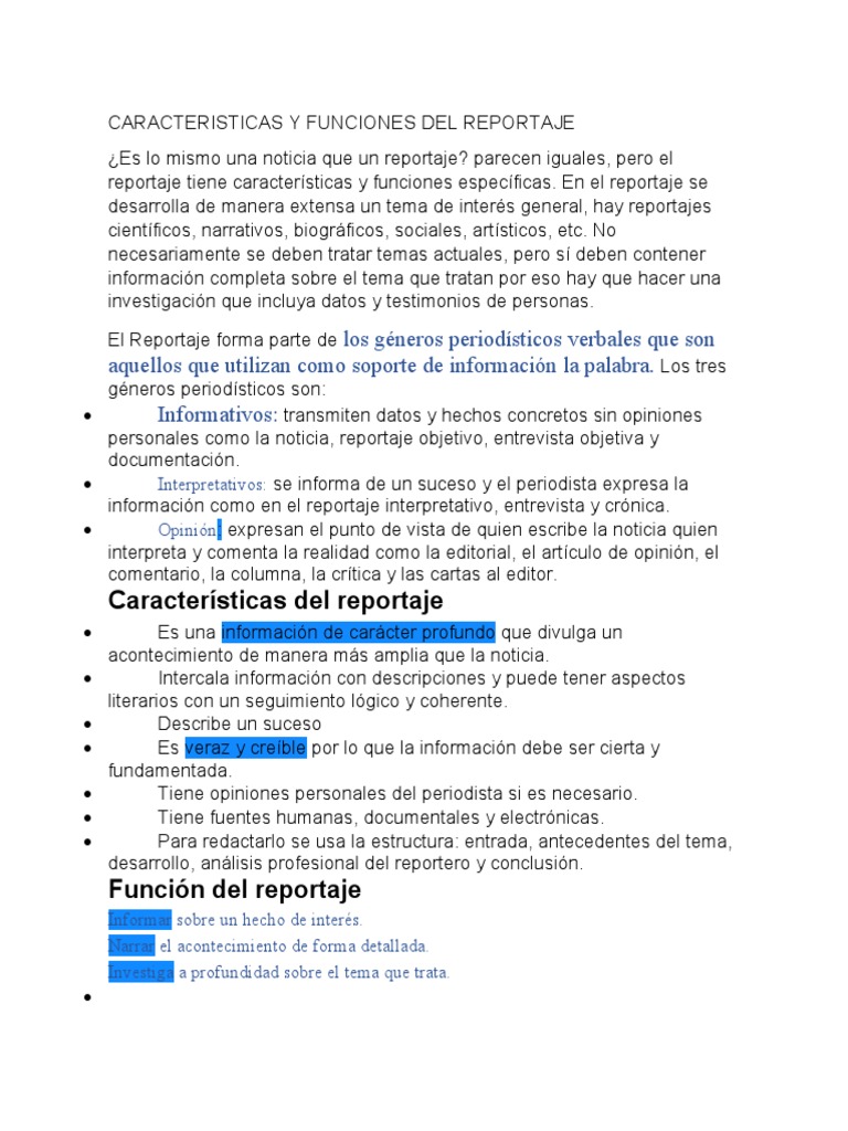 Caracteristicas y Funciones Del Reportaje | PDF | Periodismo | Comunicación
