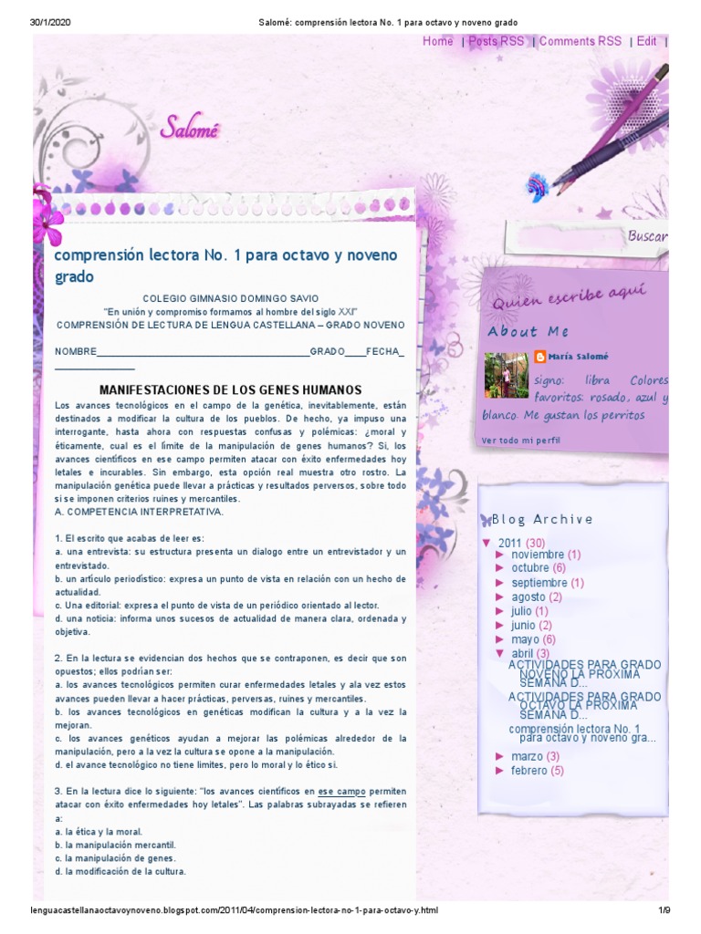 Salomé - Comprensión Lectora No. 1 para Octavo y Noveno Grado | PDF ... Salomé - Comprensión Lectora No. 1 para Octavo y Noveno Grado | PDF ...