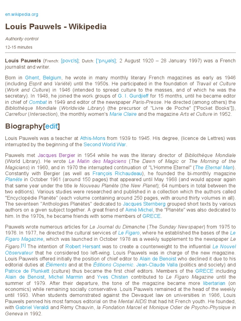 Louis Pauwels - Wikipedia: Biography | PDF | French Language Literature ...