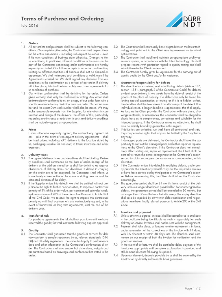 Terms of Purchase and Ordering: July 2016 | PDF | Invoice | Guarantee