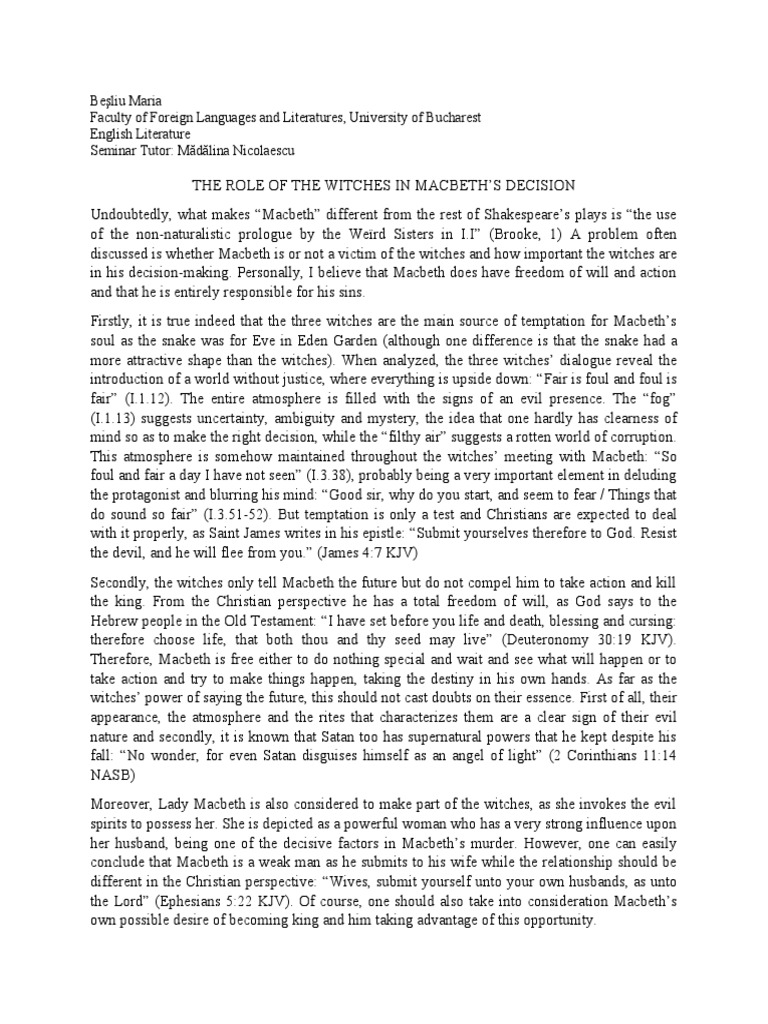 The Role of The Witches in Macbeth - Essay | PDF | Macbeth | Religious ...