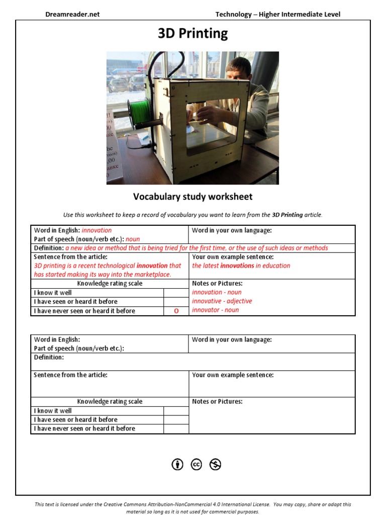 3D Printing: Vocabulary Study Worksheet | PDF | Part Of Speech ...