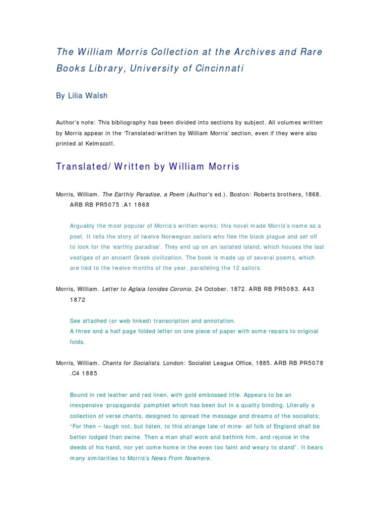 William Morris Complete Annotated Bibliography | PDF | William Morris | Bookbinding