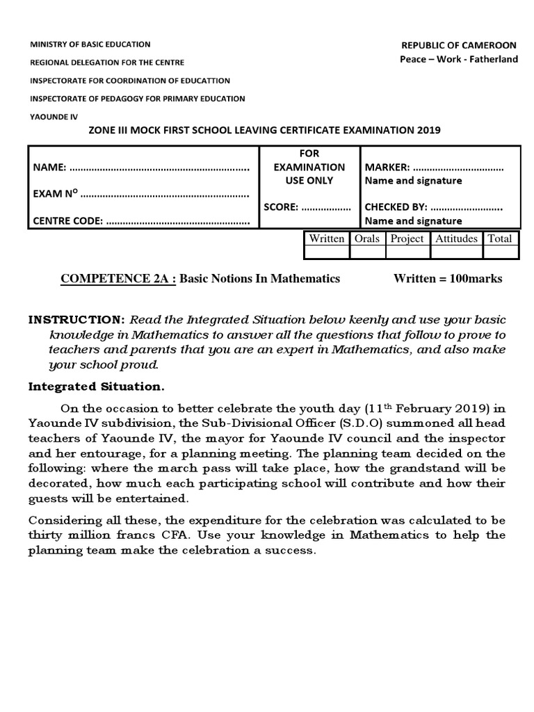COMPETENCE 2A: Basic Notions in Mathematics Written 100marks ...