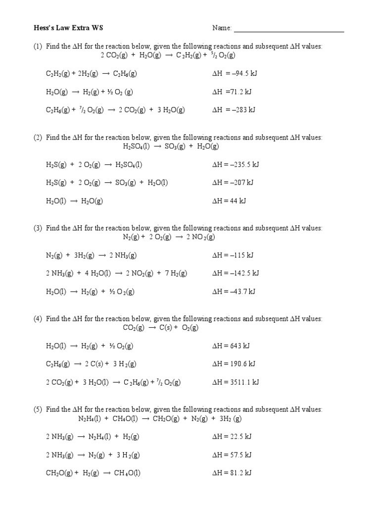 Hess's Law Worksheet Problems and Answers | PDF | Chemical ...
