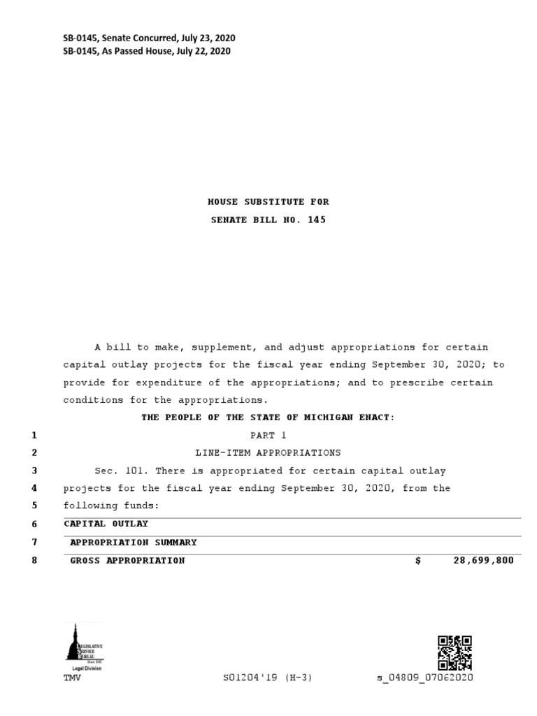 Michigan SB-0145 Capital Outlay Appropriations | PDF | Michigan | Business