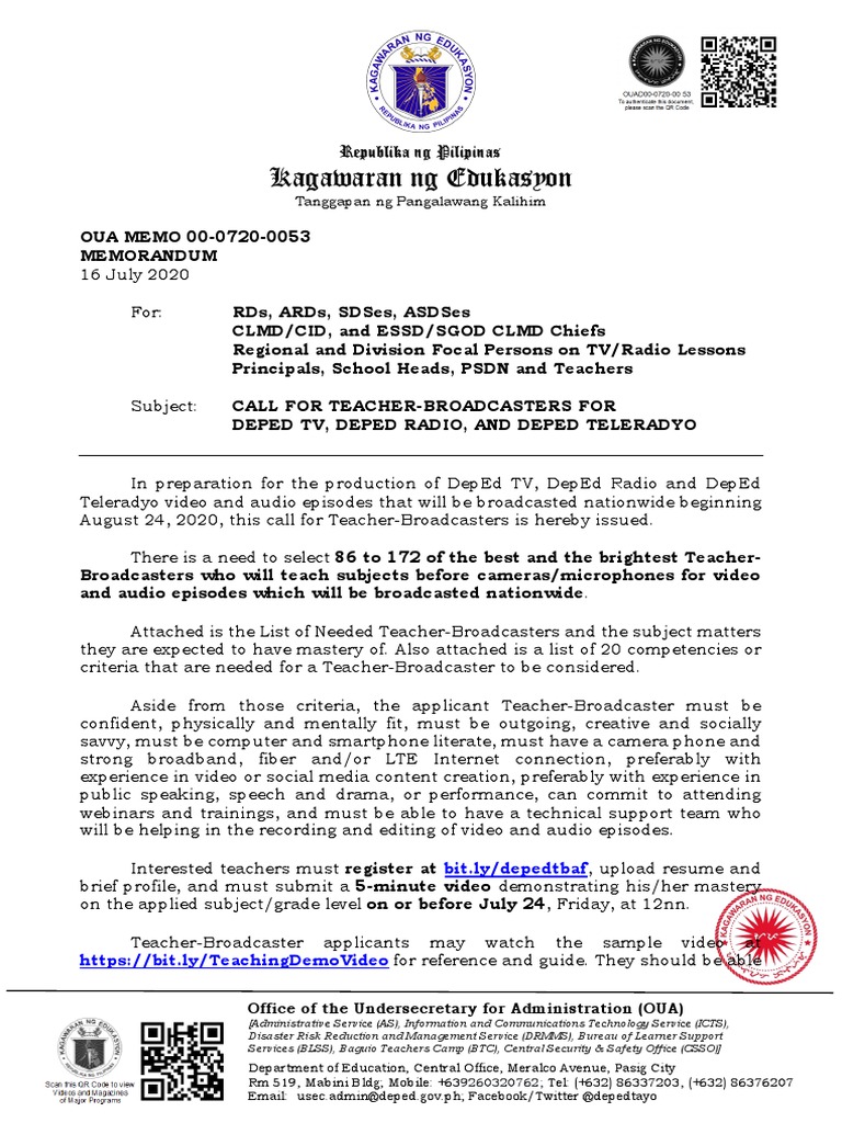 OUA Memo - 7053 - Call For Teacher Broadcasters For DepEd TV DepEd ...