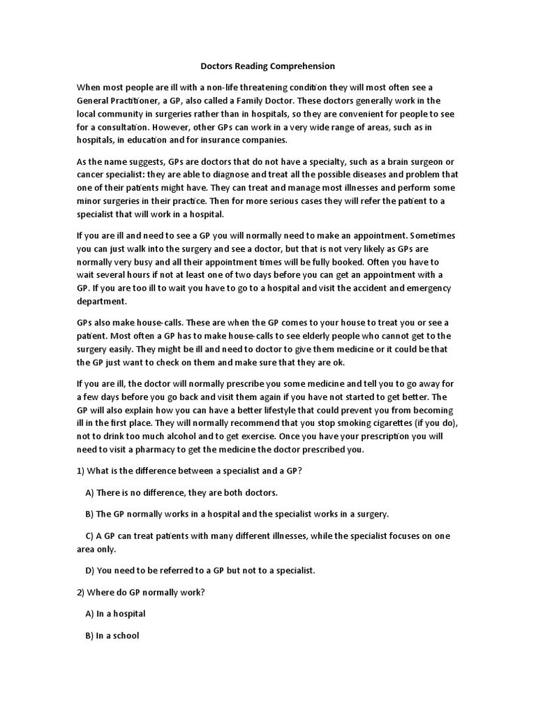 Doctors Reading Comprehension | PDF | General Practitioner | Physician