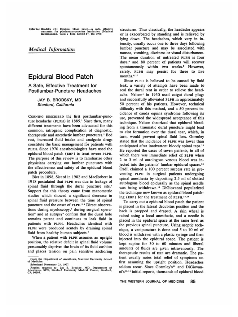 Epidural Blood Patch | PDF | Anesthesia | Cerebrospinal Fluid