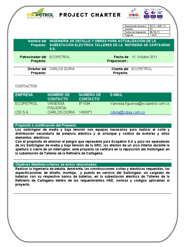 Plantilla Charter para Presentar El Proyecto | PDF | Subestacion ...