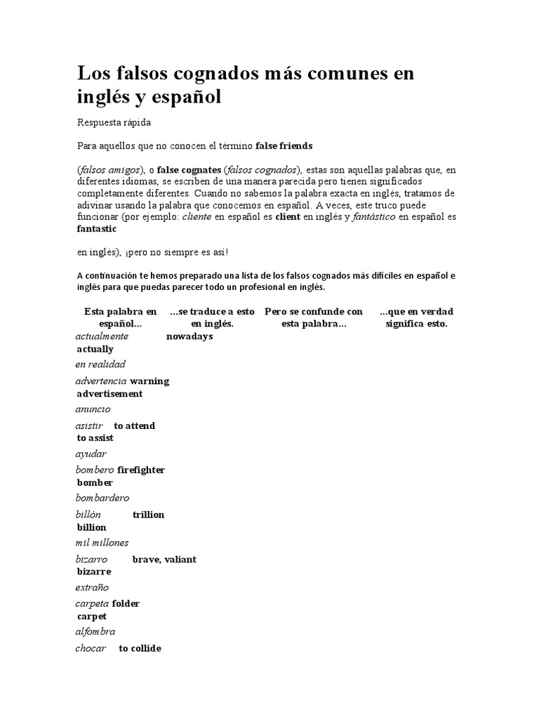 Falsos cognados en inglés y español | PDF | Artes del Lenguaje y ...