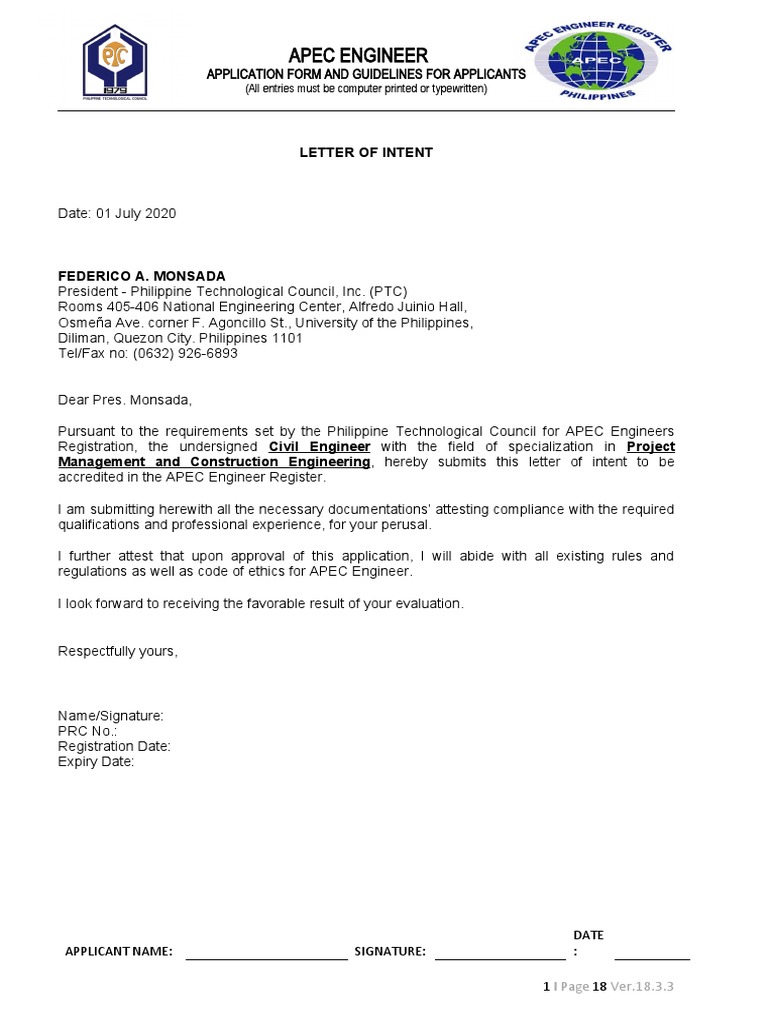 Apec Engineer: Letter of Intent | PDF | Engineer | Employment