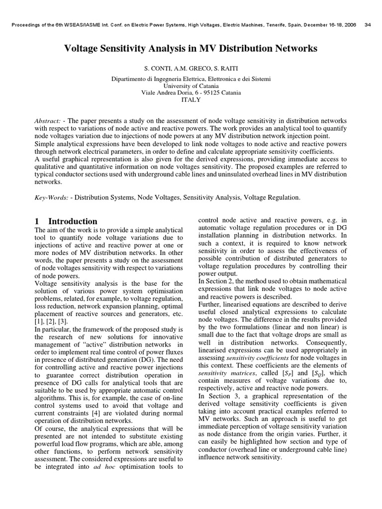 ARTIGO - 2006 CONTI - Voltage Sensitivity Analysis in MV Distribution Networks | PDF ...