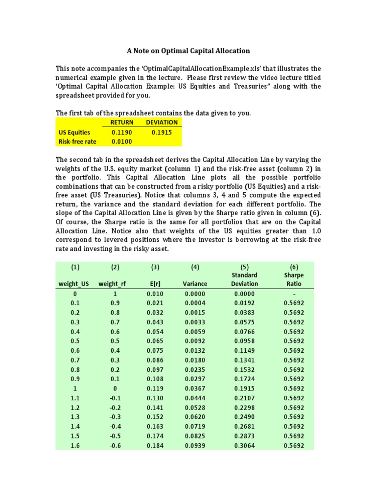 A Note On Optimal Capital Allocation | PDF | Asset Allocation | Sharpe ...
