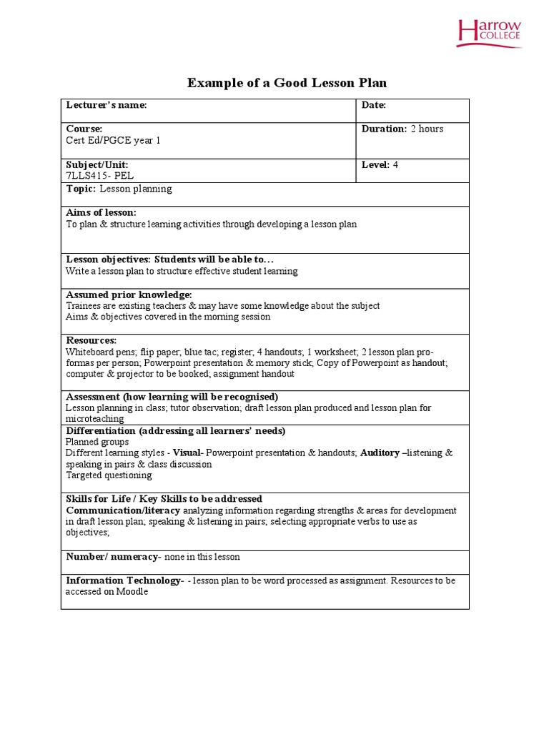 Example of A Good Lesson Plan: Cert Ed/PGCE Year 1 | Download Free PDF ... Example of A Good Lesson Plan: Cert Ed/PGCE Year 1 | Download Free PDF ...