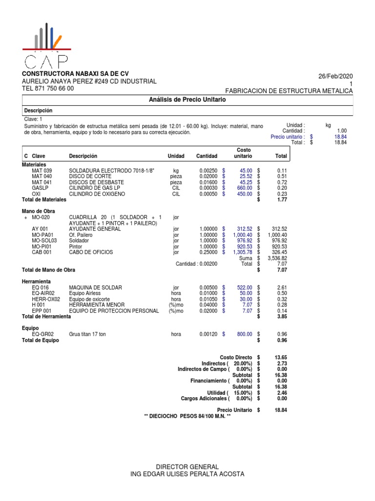 Análisis de Precio Unitario ESTRUCTURA | PDF | Unión | Soldadura