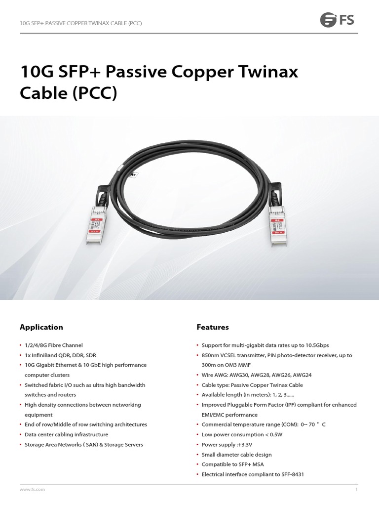 10G SFP+ Passive Copper Twinax Cable (PCC) : Application Features | PDF ...