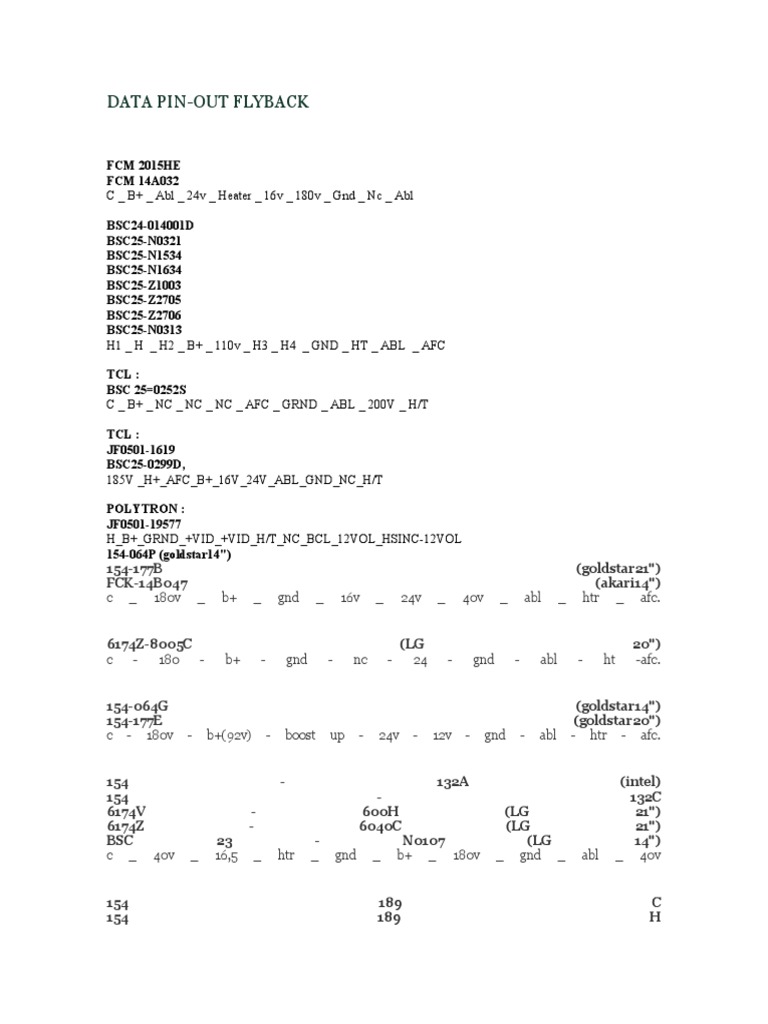 Data Pin-Out Flyback: FCM 2015HE FCM 14A032 | PDF