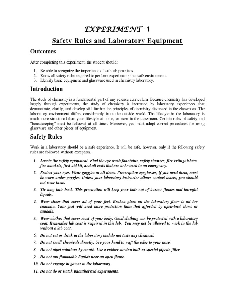Safety Rules and Laboratory Equipment: Experiment 1 | PDF ...