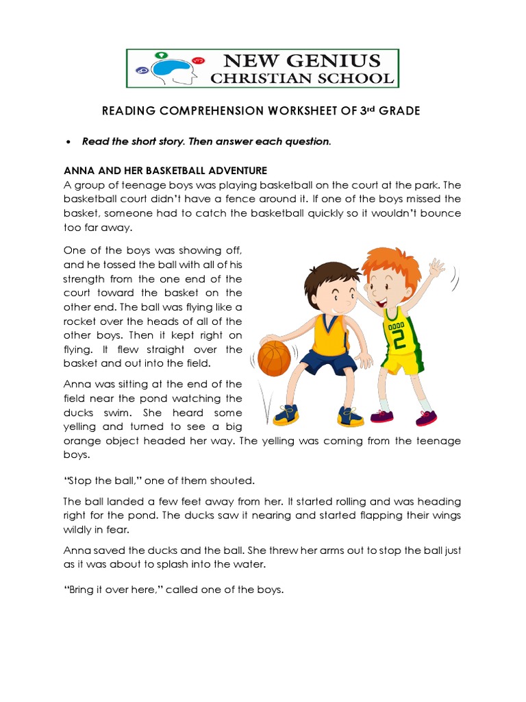 Reading Comprehension Worksheet of 3 Grade: Anna and Her Basketball ...