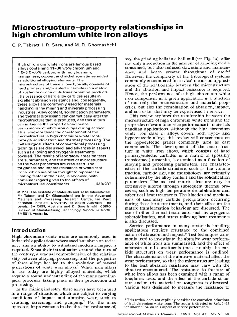 Microstructure-Property Relationships in High Chromium White Iron Alloys PDF | PDF | Cast Iron ...