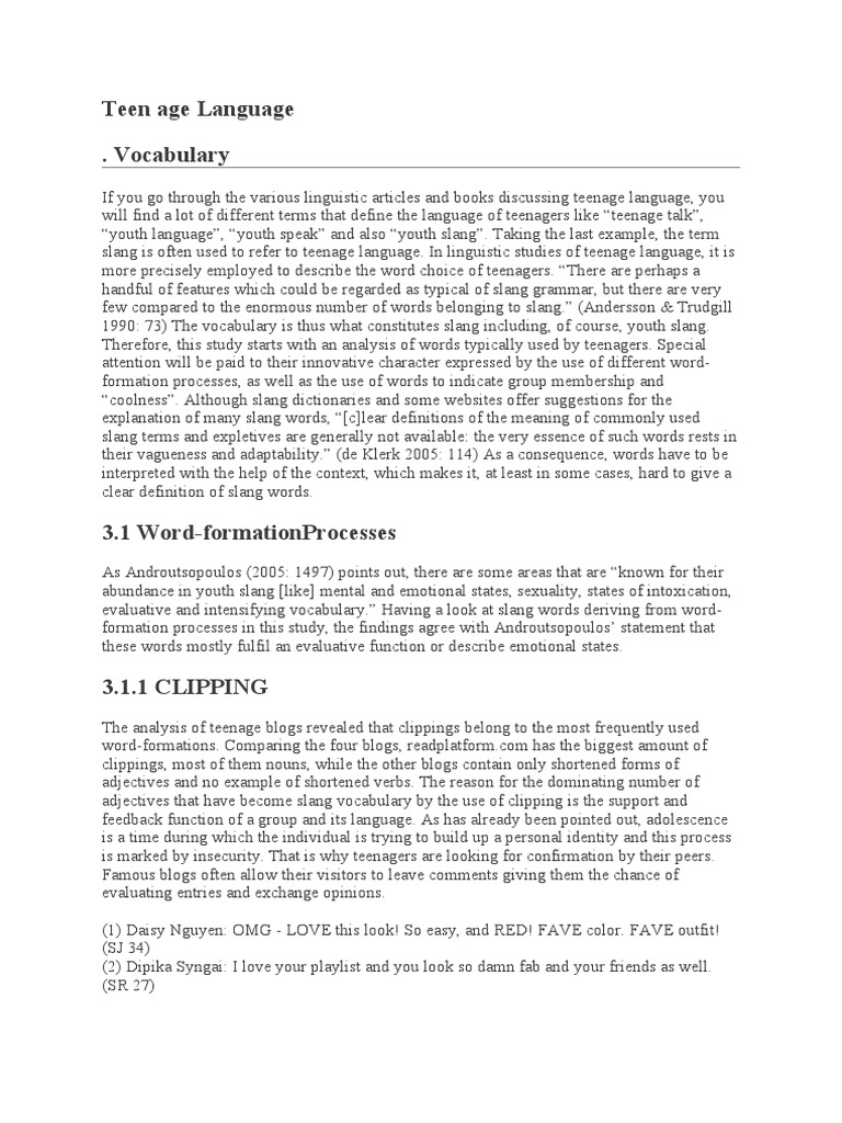 Teen Age Language - Vocabulary | PDF | Slang | Adjective