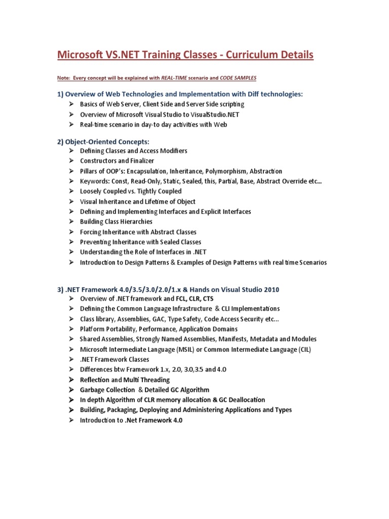 .NET Training Curriculum Overview | PDF | Class (Computer Programming ...