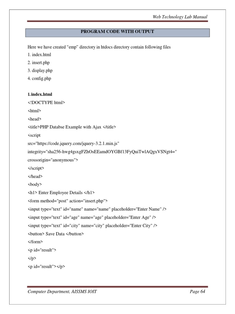 Program Code With Output: Web Technology Lab Manual | PDF | Ajax (Programming) | World Wide Web