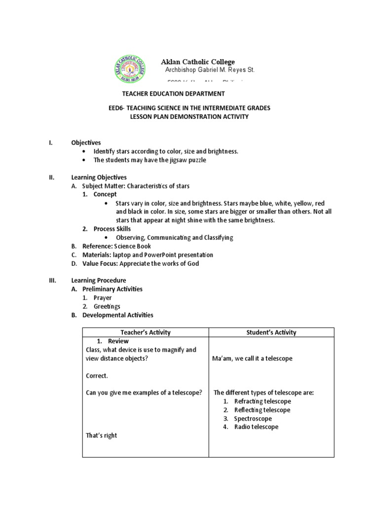 Teaching the Characteristics of Stars: A Lesson Plan Demonstration on ...
