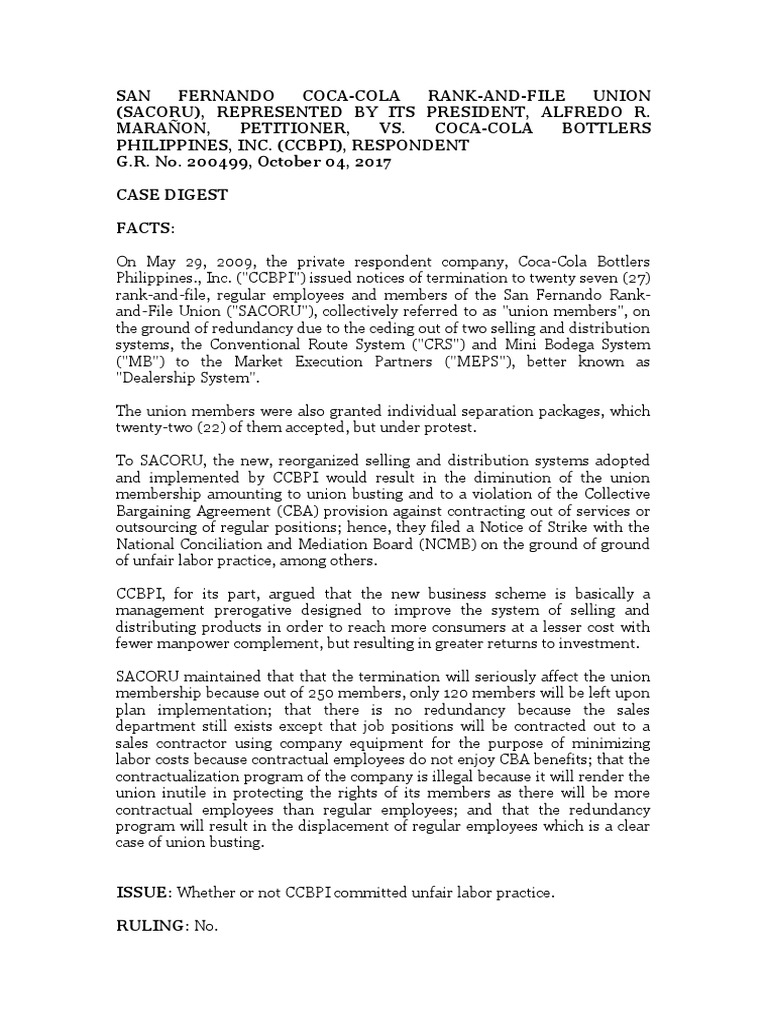 San Fernando Coca-Cola Rank-And-File Union (Sacoru), Represented by Its ...