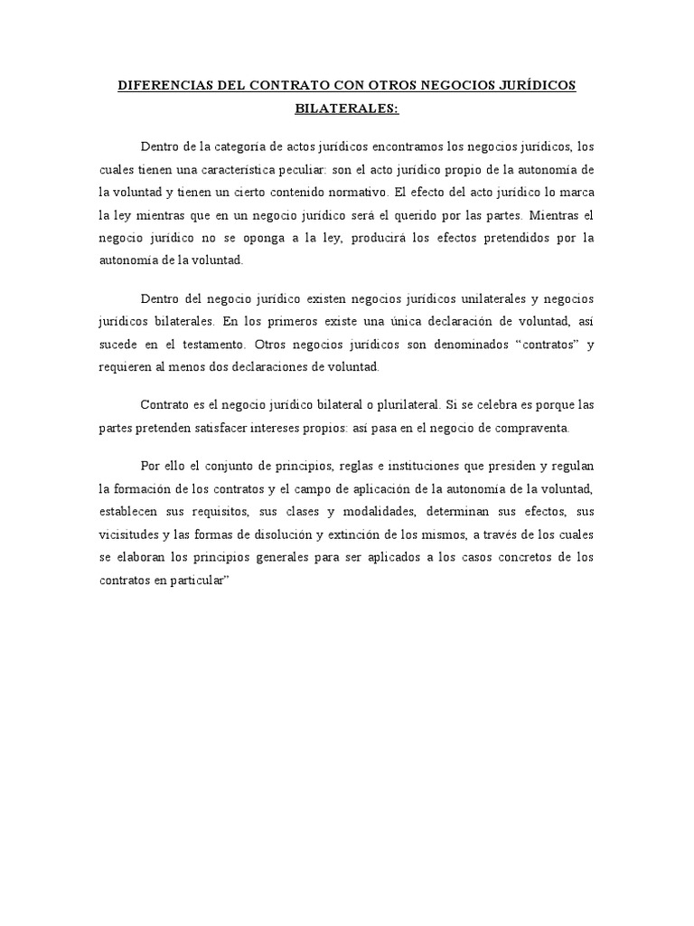 Diferencias Del Contrato Con Otros Negocios Jurídicos Bilaterales | PDF