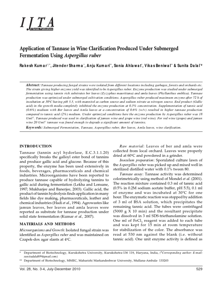 Application of Tannase in Wine Clarification Produced Under Submerged ...