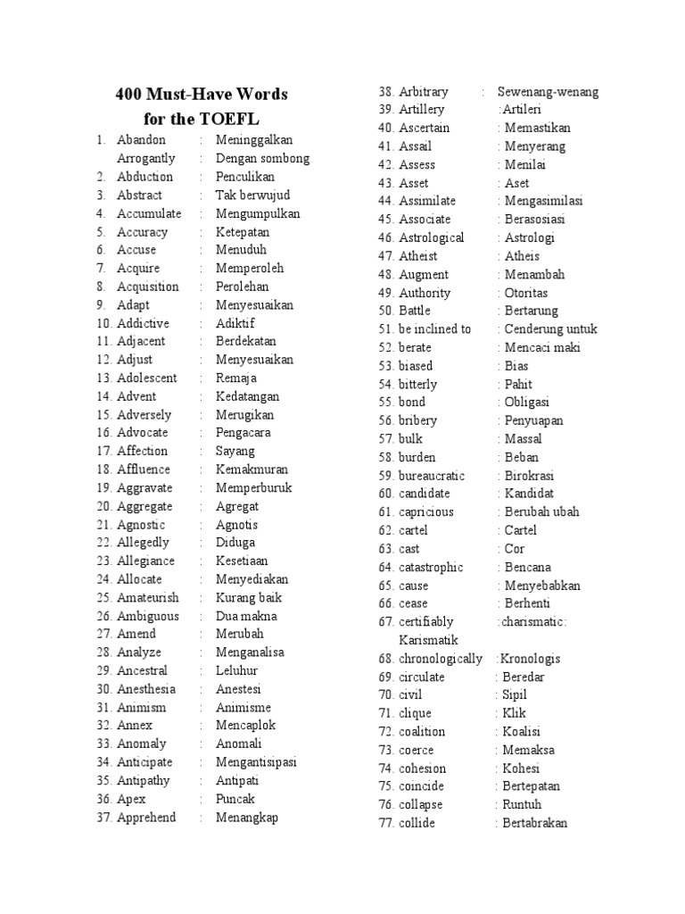 400 Must-Have Words For The TOEFL | PDF