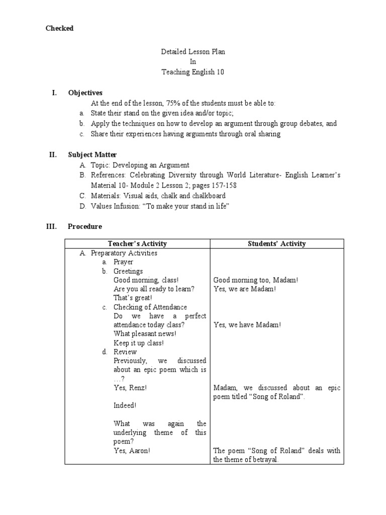 Detailed Lesson Plan5 Checked | PDF | Argument | Lesson Plan