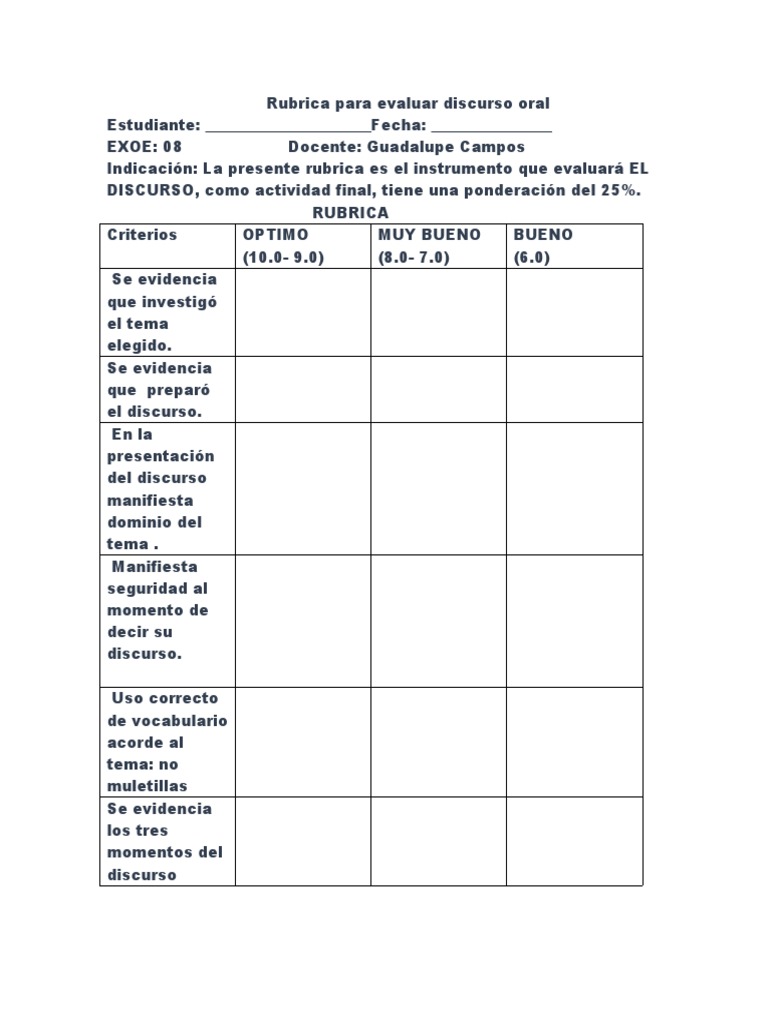 Evaluación de Discurso Oral | PDF