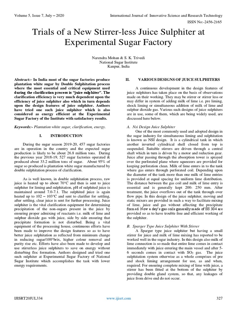Trials of A New Stirrer-Less Juice Sulphiter at Experimental Sugar ...