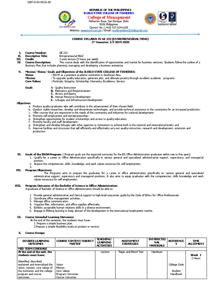 Entrep Course Syllabus 2019 2020 | PDF | Lecture | Entrepreneurship