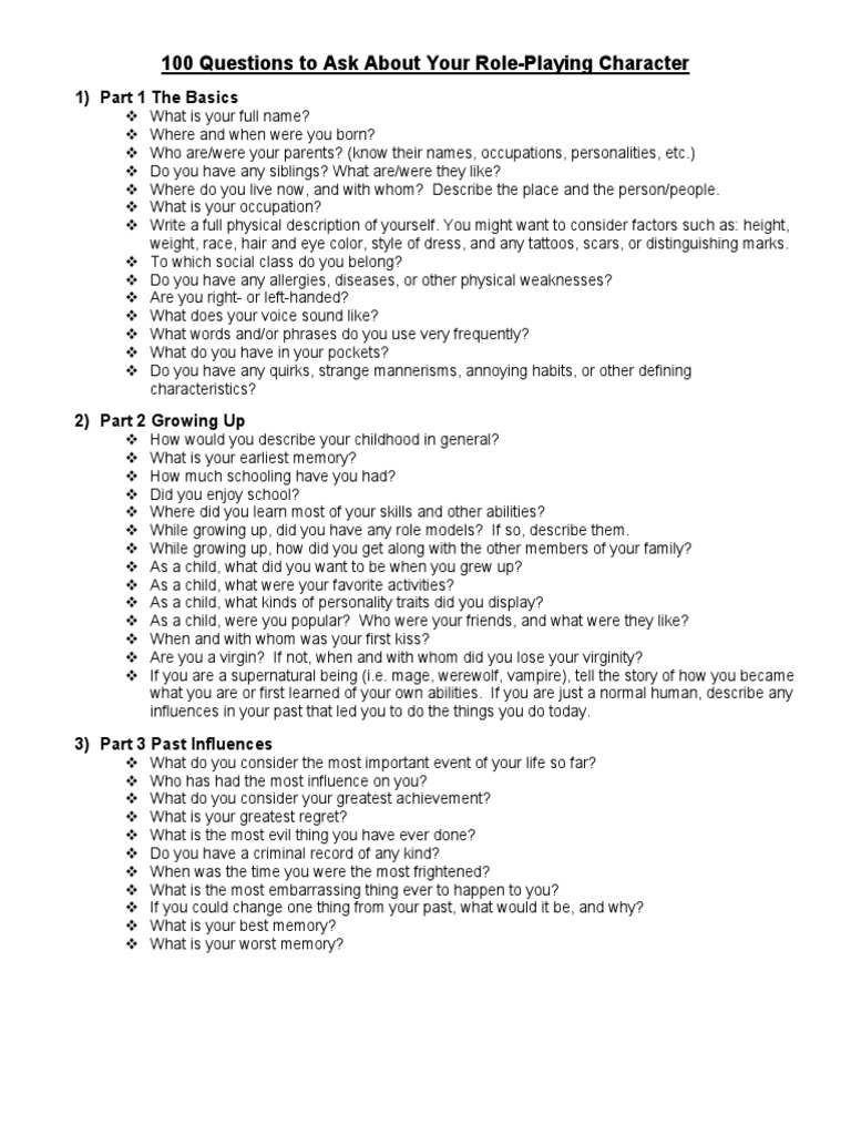 100 Questions for Role-Playing Characters | PDF | Social Psychology ...