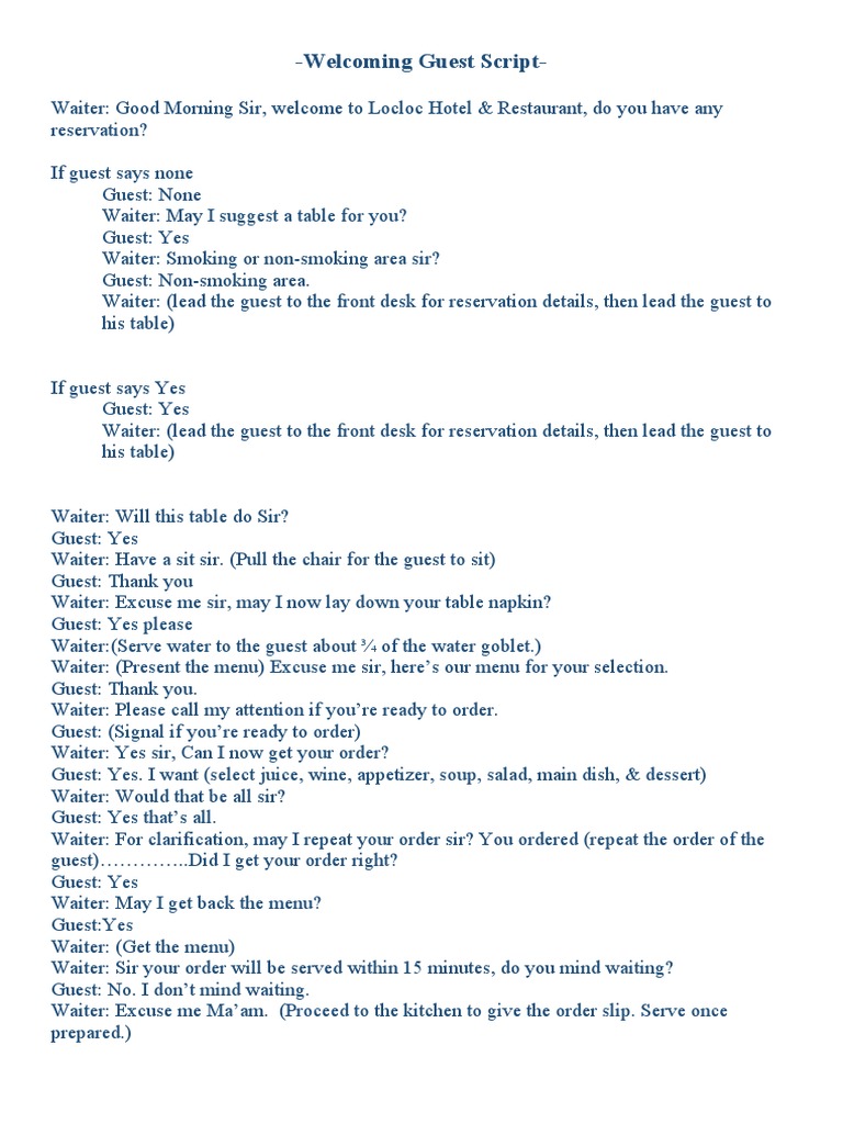 Welcoming Guest Script | PDF | Tableware | Waiting Staff