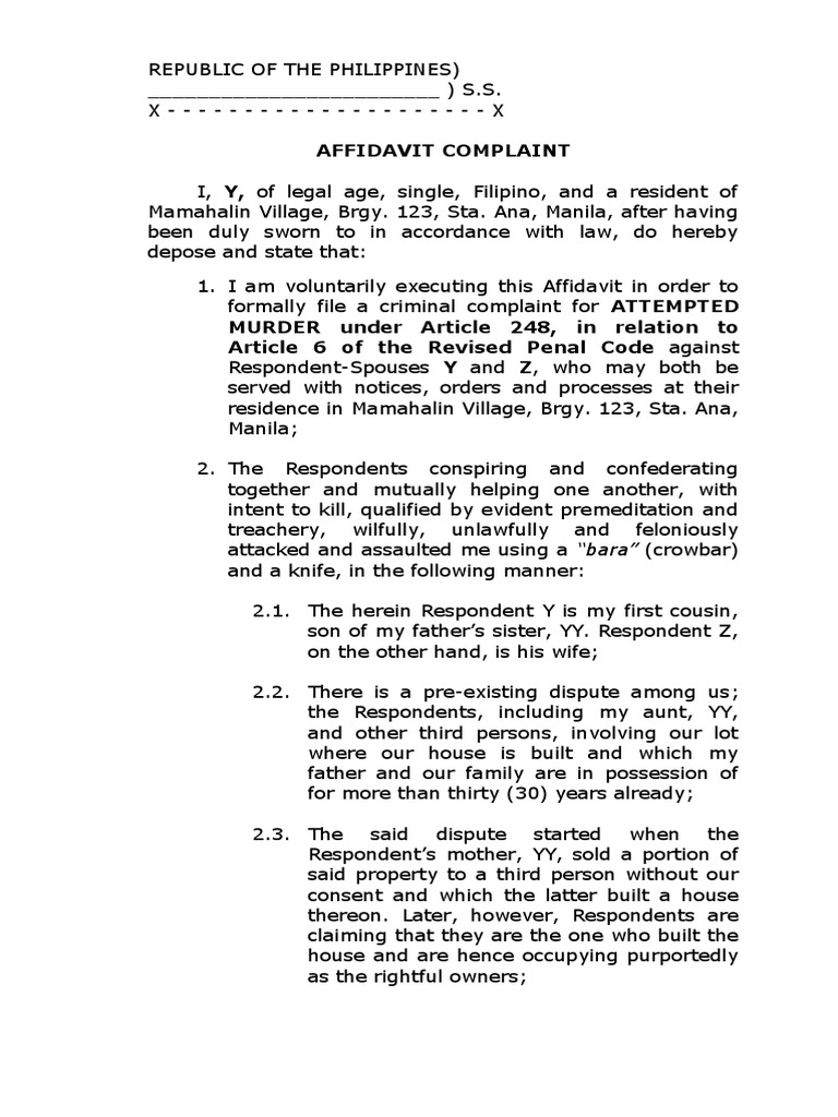 AFFIDAVIT COMPLAINT For ATTEMPTED MURDER - SAMPLE | PDF | Murder ...