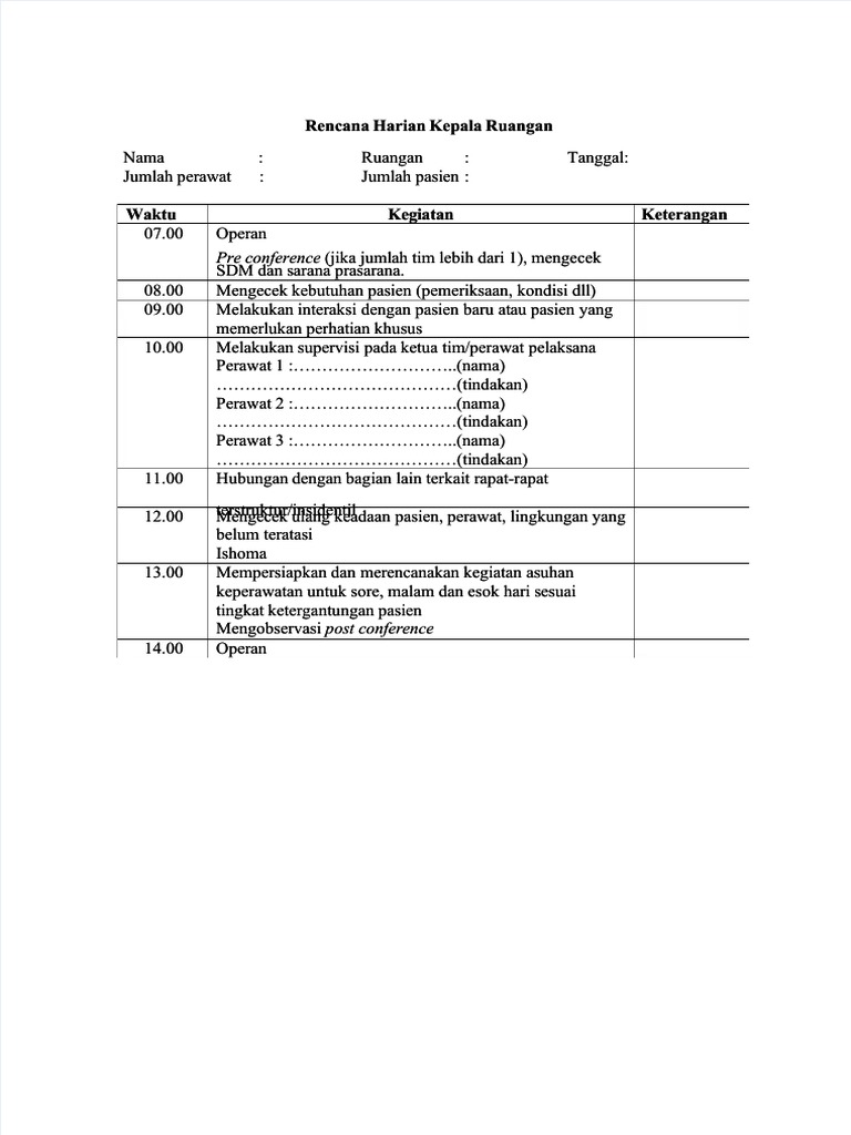 PDF Rencana Harian Kepala Ruangan PDF | PDF