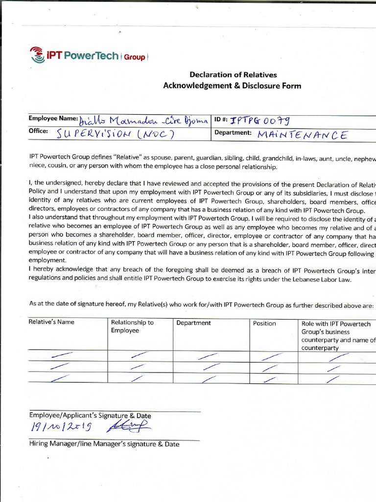 Declaration of Relatives. Acknowledgement&Disclosure Form. | PDF